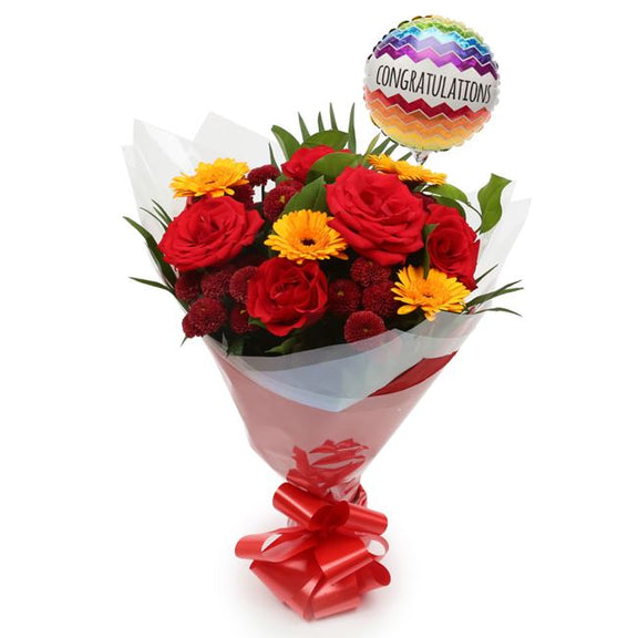 Congratulations Balloon & Red Sun FlowersThis Beautiful Bouquet with ...