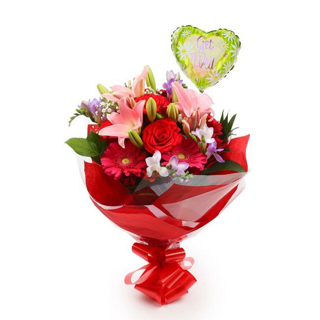 Get Well Balloon & Red & Pink Delight FlowersThis Beautiful Bouquet ...